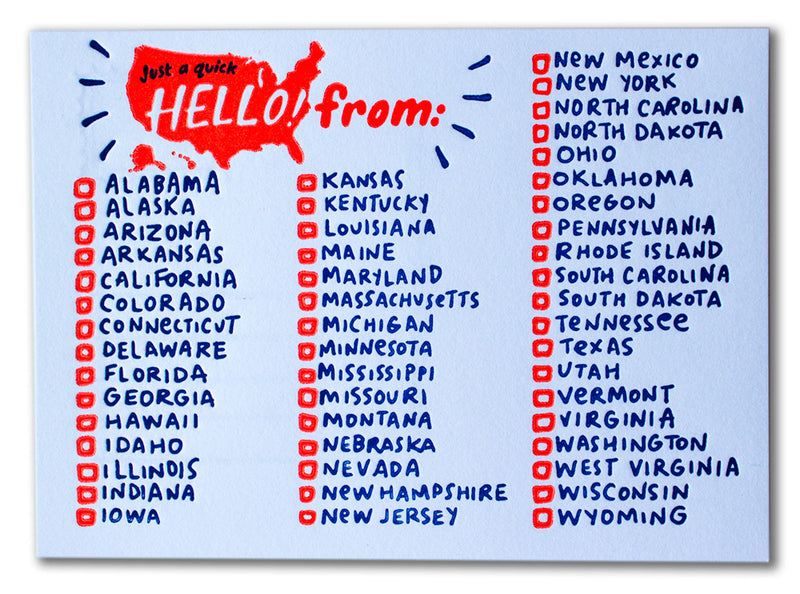 State Checklist Postcard - Ladyfingers Letterpress